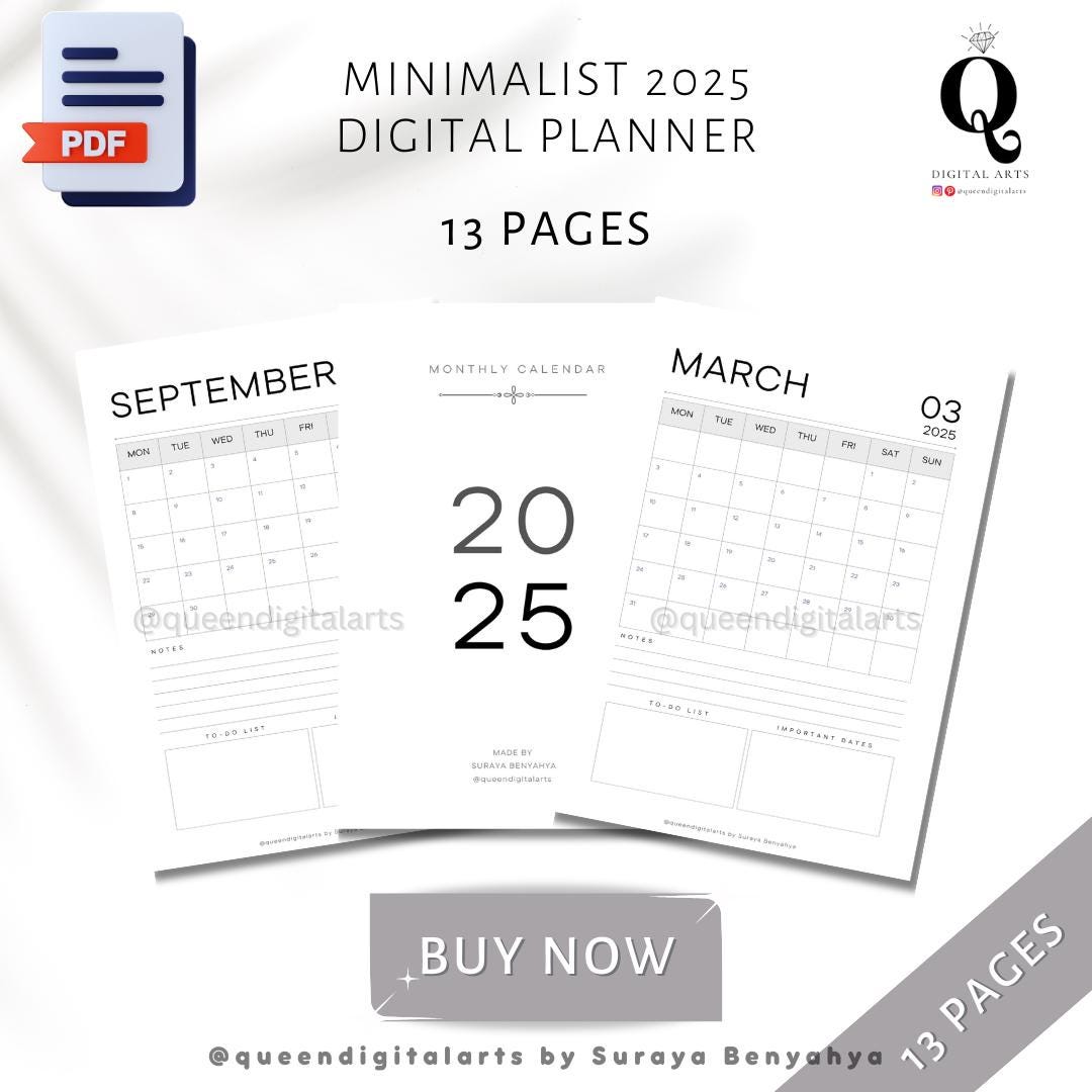 Minimalist 2025 Monthly Planner 13 Digital Calendar Printable PDF ...