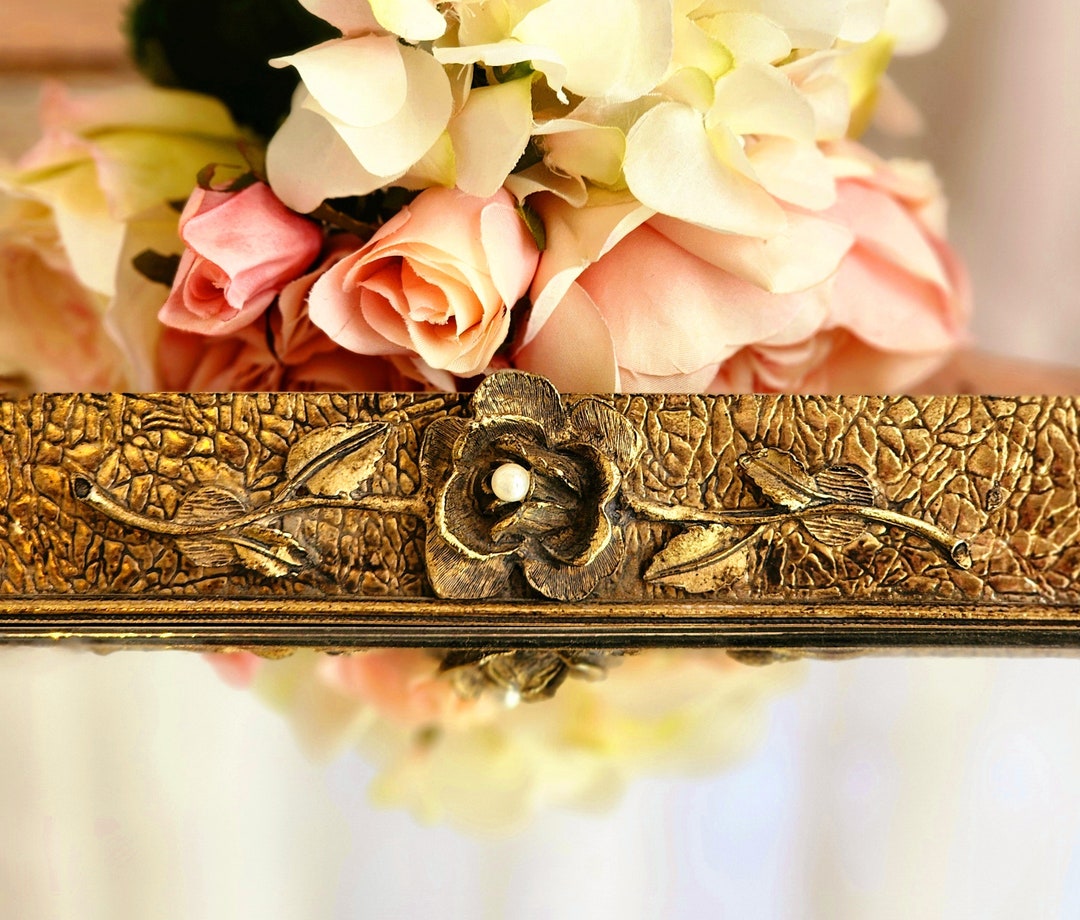 Embossed Roses Vanity Mirrored Tray L Vintage Rectangular Dresser Tray ...