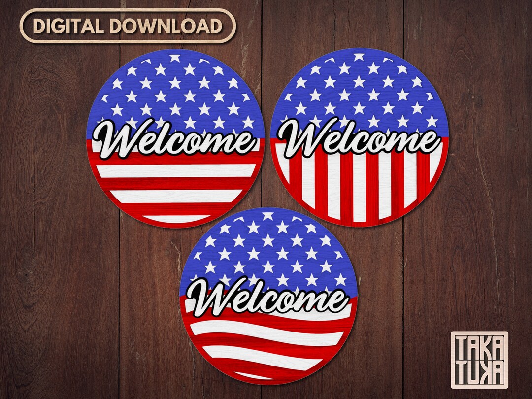 Patriotic Welcome Round Sign, July 4th Door Decor, American Flag Laser ...