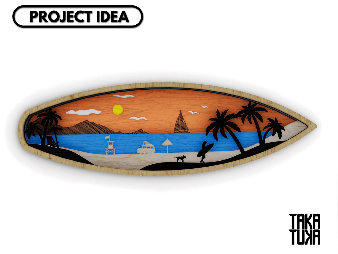 Laser Cut Surfboard Beach Scene: Layered SVG, Glowforge File (digital ...
