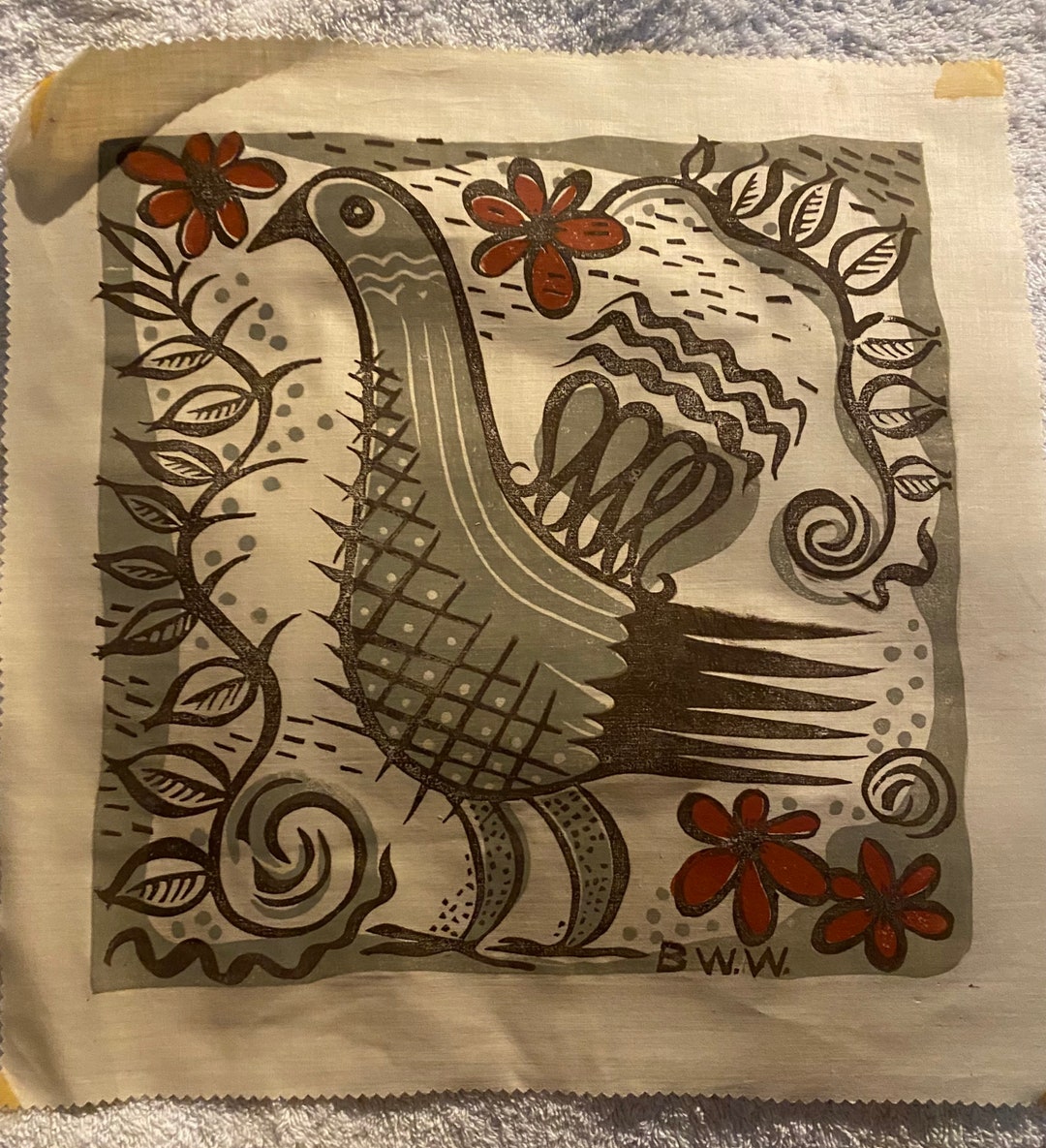 WPA Textile Block Print: Bird/partridge Signed BWW for - Etsy
