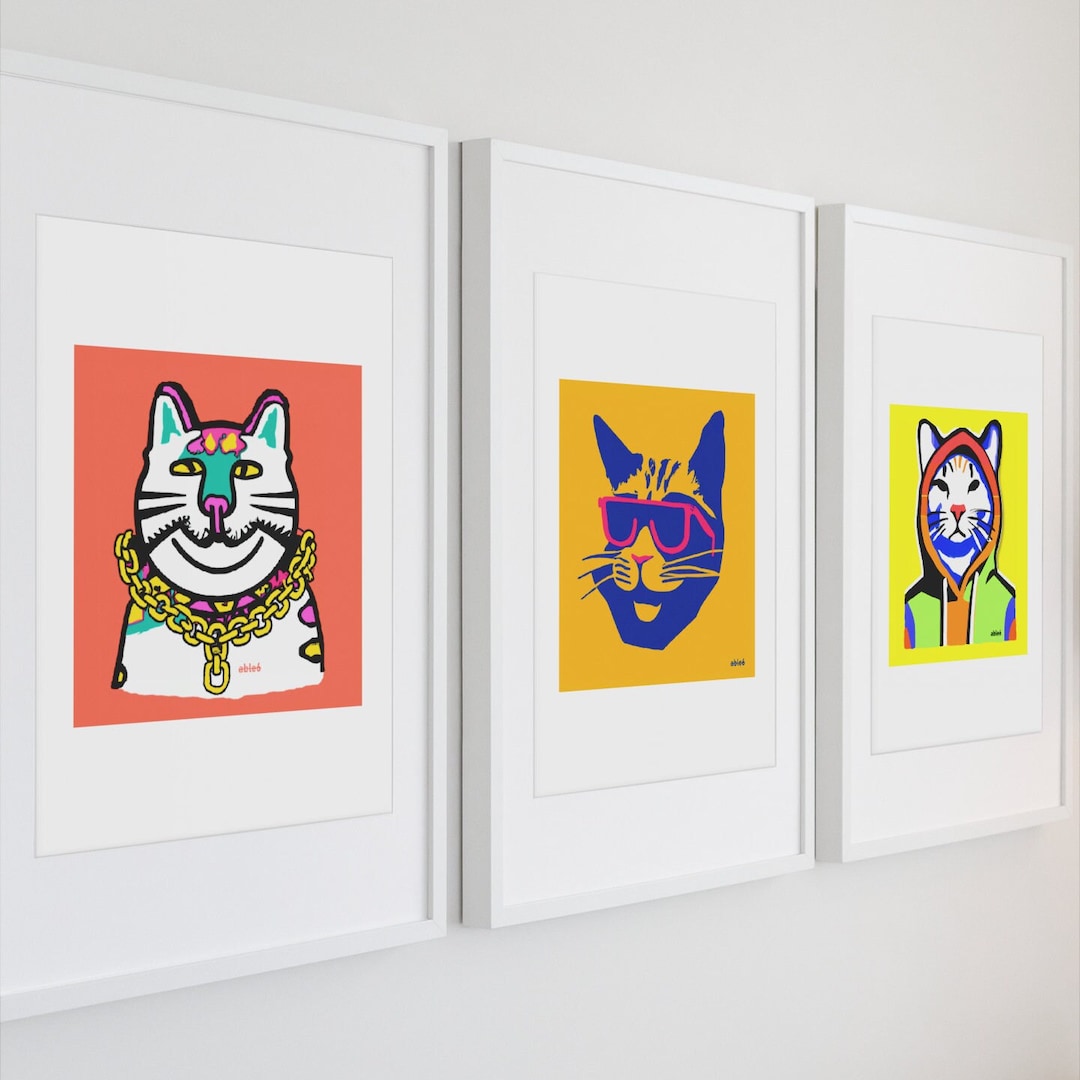 Cute Hip Hop Cat Art Print With Gold Chains, Rapping Cats Artwork ...