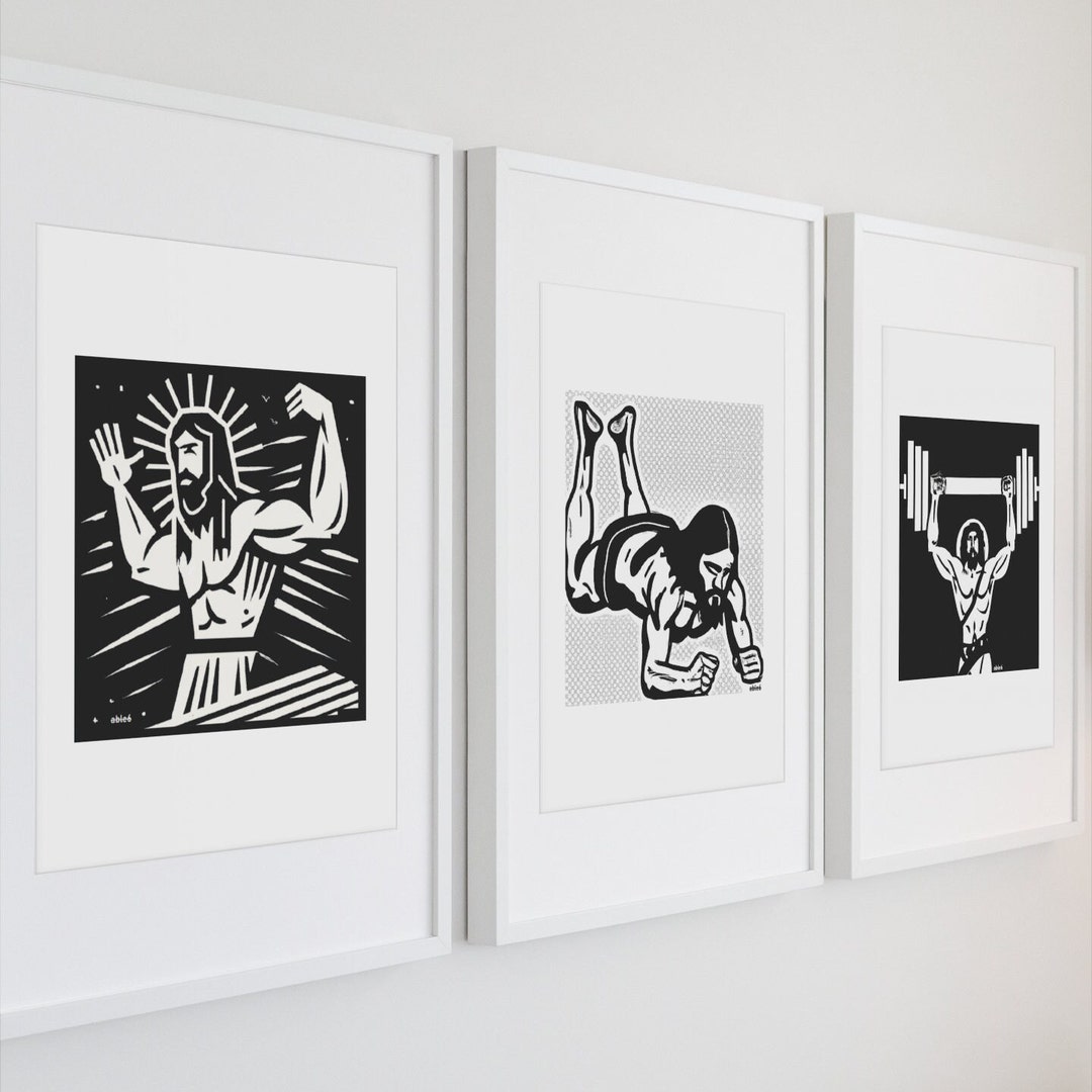 Jesus at Gym Working Out Art Print: Weightlifting, Planks, Kettlebells ...