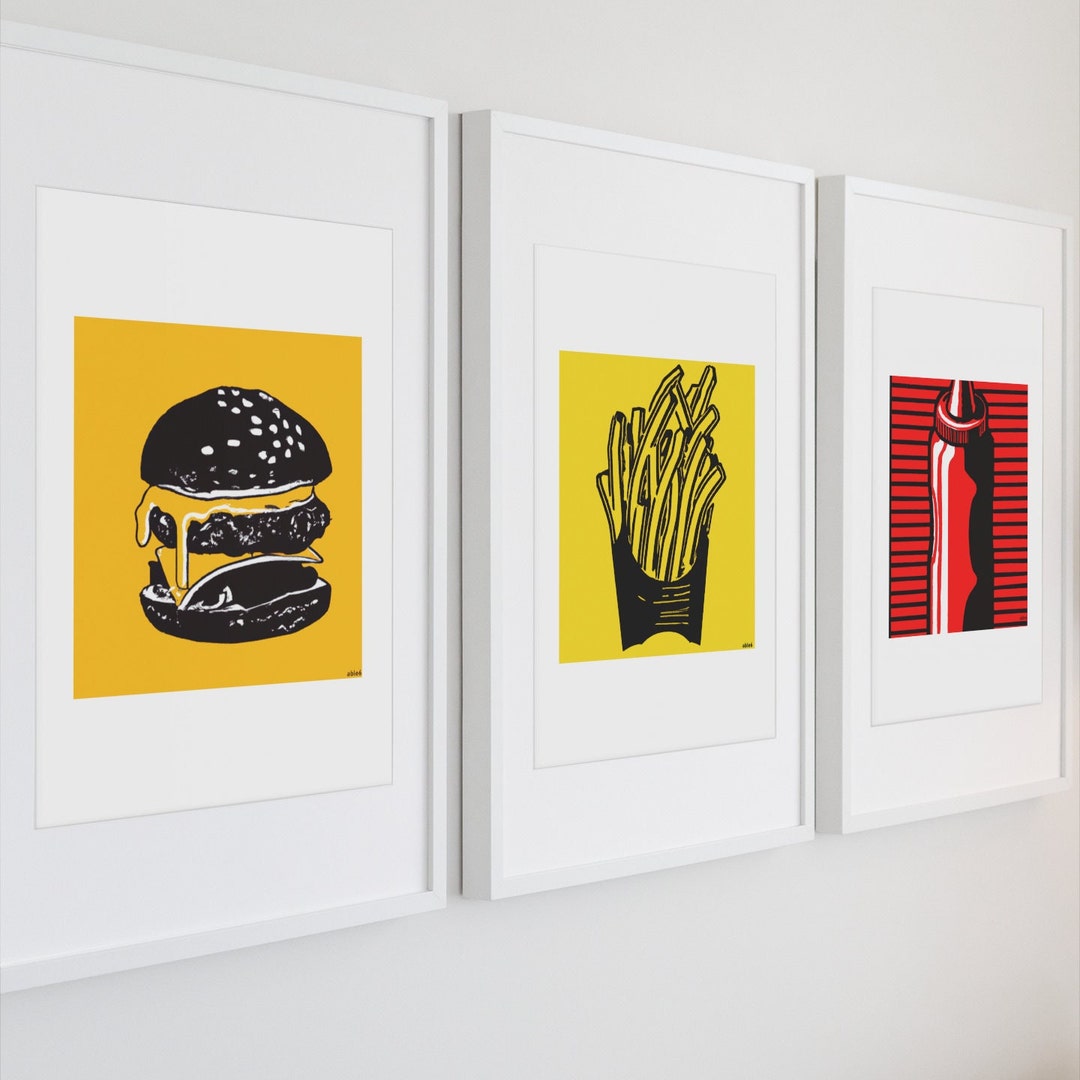 Fast Food Burger and Fries Art Prints Ketchup Bottle Food Illustration ...