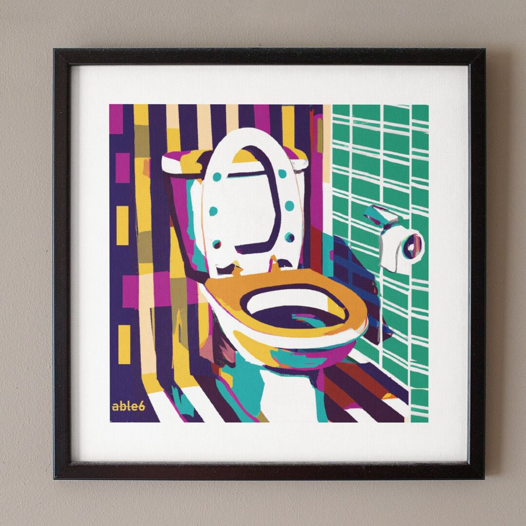 Retro Colorful Watercolor Style Toilet Art Print for Powder Room or ...