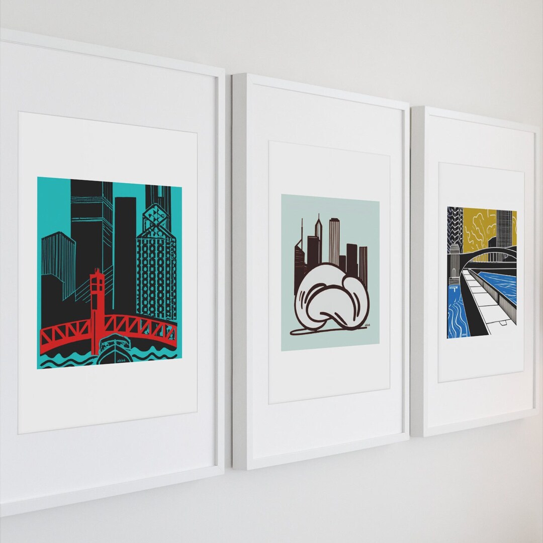 Chicago Minimalist Art Prints Artwork Chicago Bean, Chicago Riverwalk ...