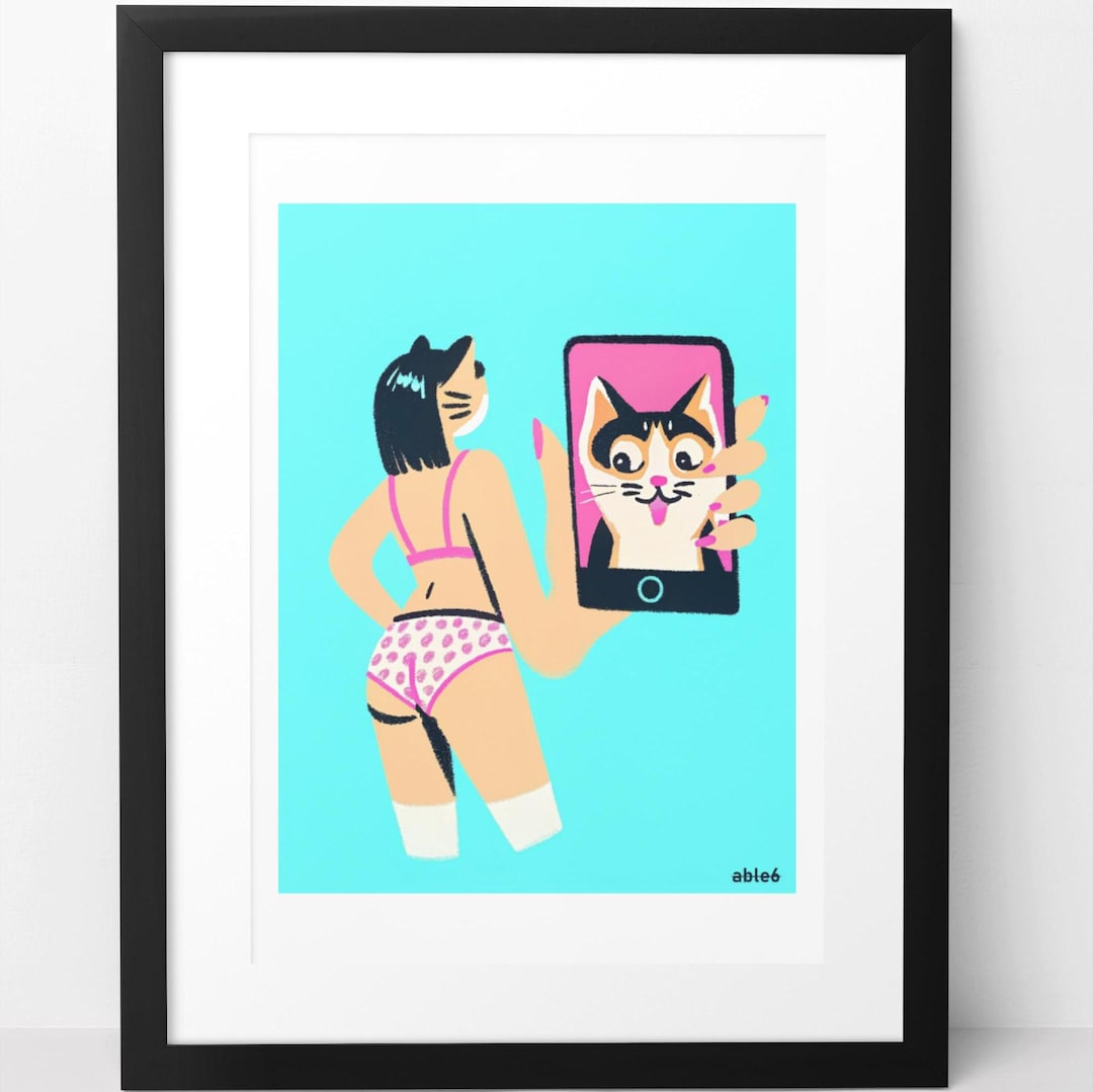Erotic Feline Anthropomorphic Art for Bedroom Walls, Sensual Cat Woman Fantasy Illustration ...
