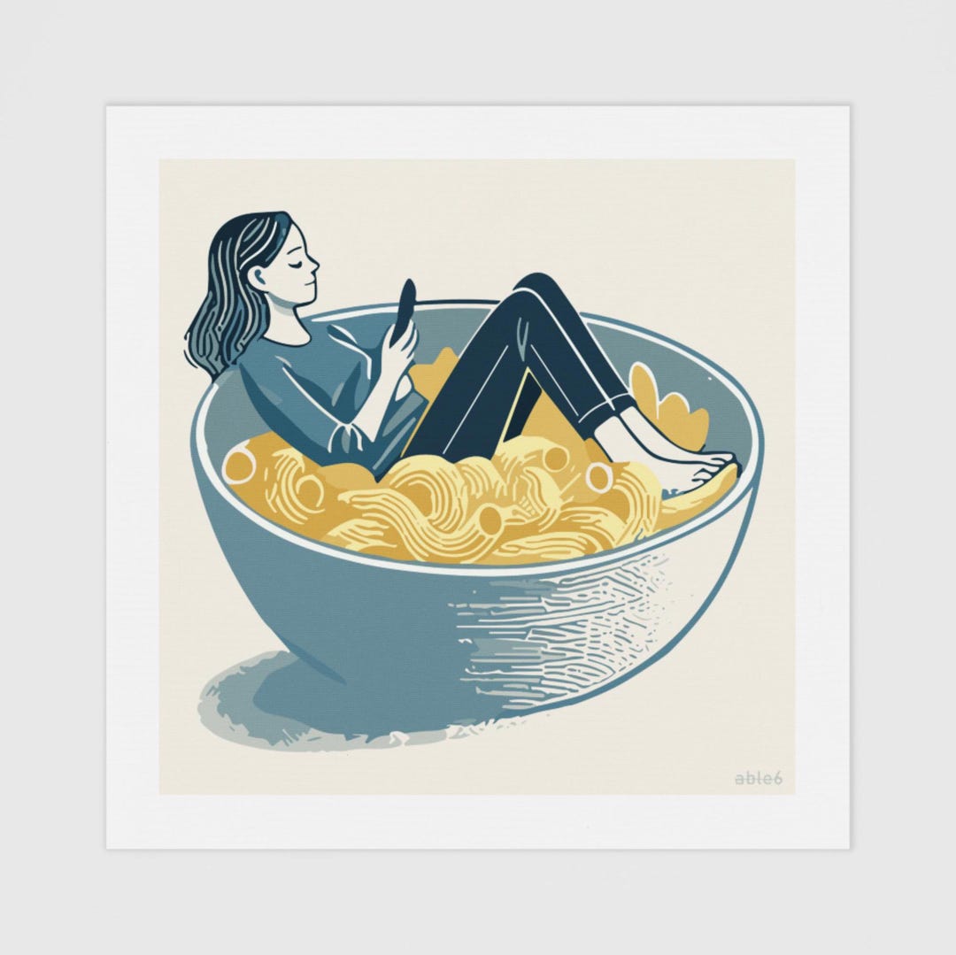 Woman Relaxing in Bowl of Mac & Cheese Food Art Print, Creative ...