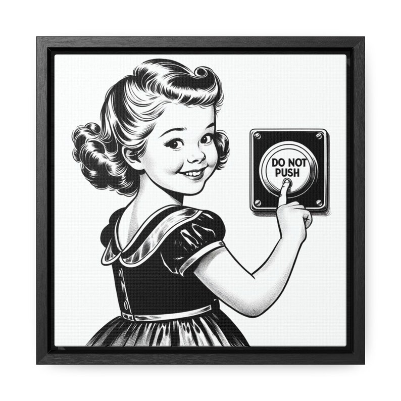 Curious Charm: 1950s Vintage Girl Defies 'do Not Push' Button Whimsical ...