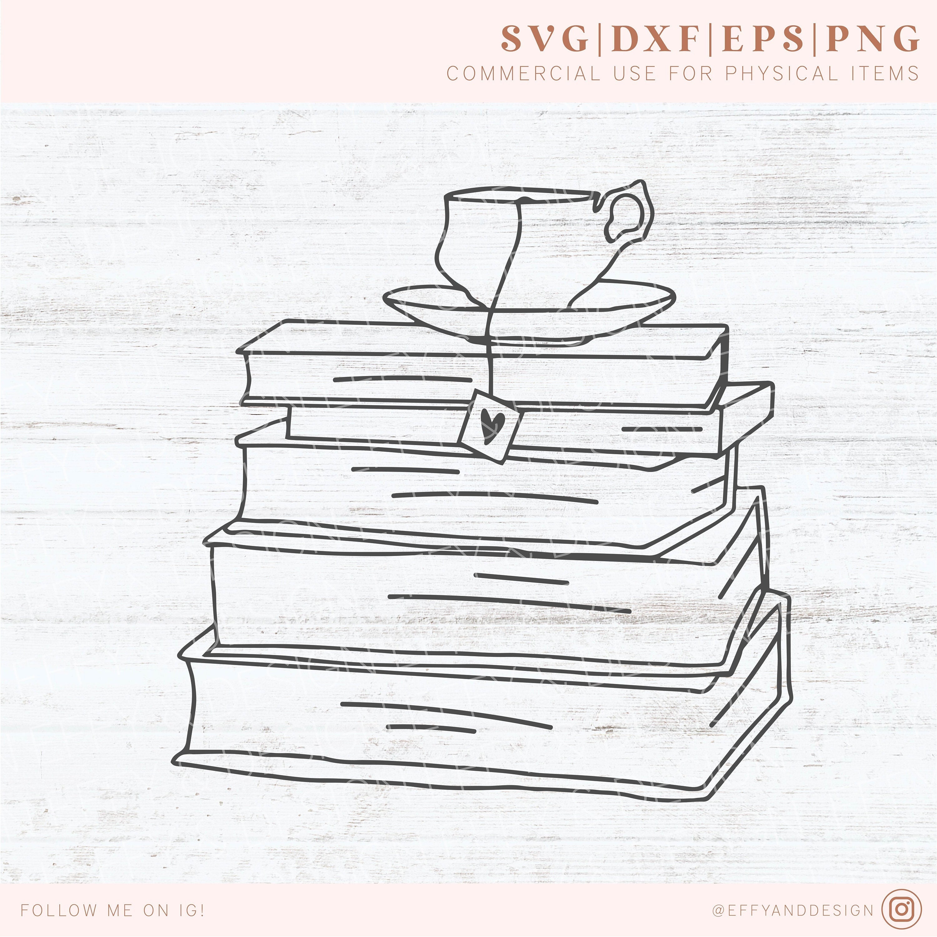 Hand Drawn Books & Teacup Coffee SVG Book Stack SVG Bookish SVG Clipart ...