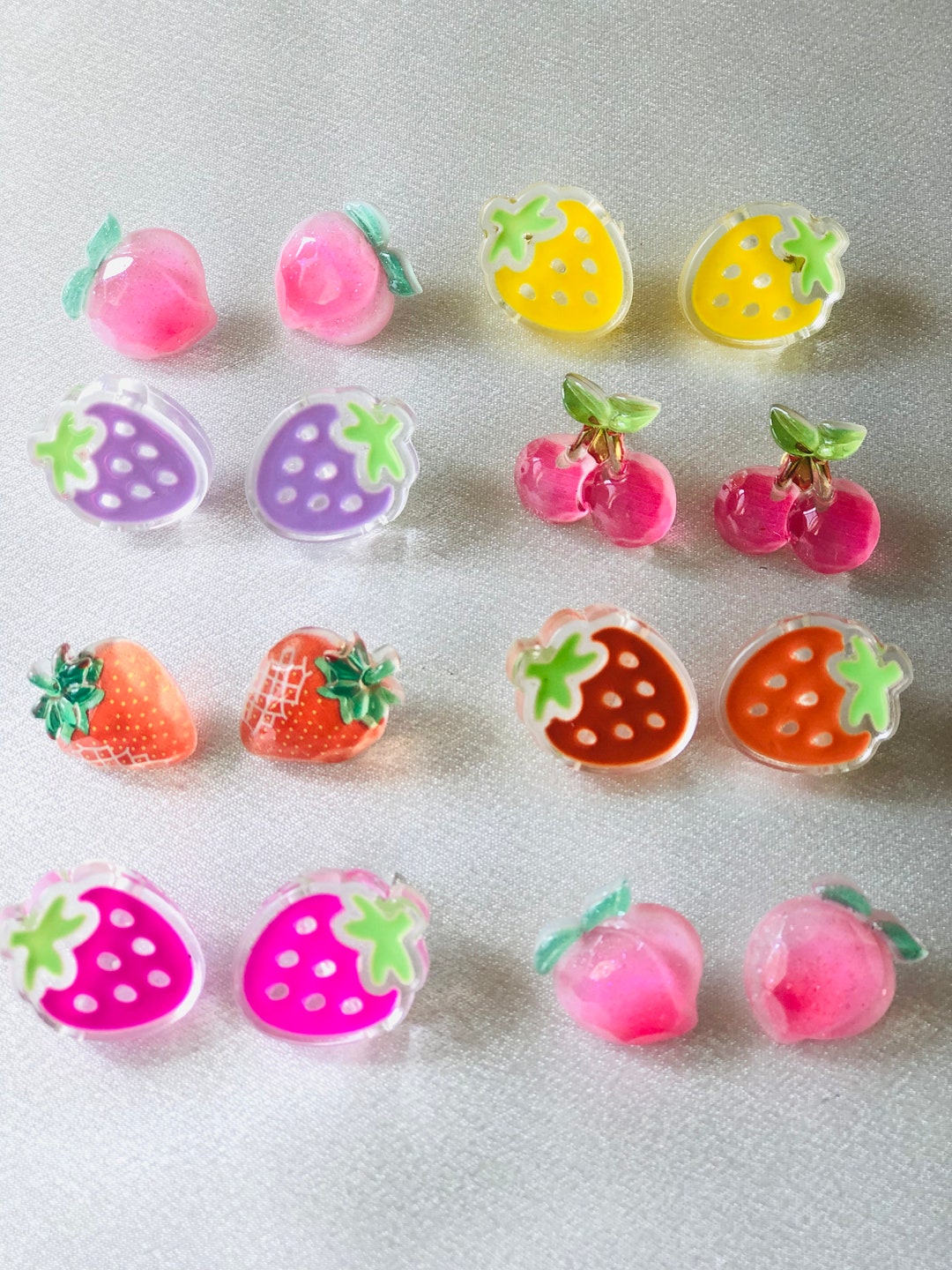 Strawberry Peach Cherry Stub Earrings, Glass Juicy Fruit Hypoallergenic ...