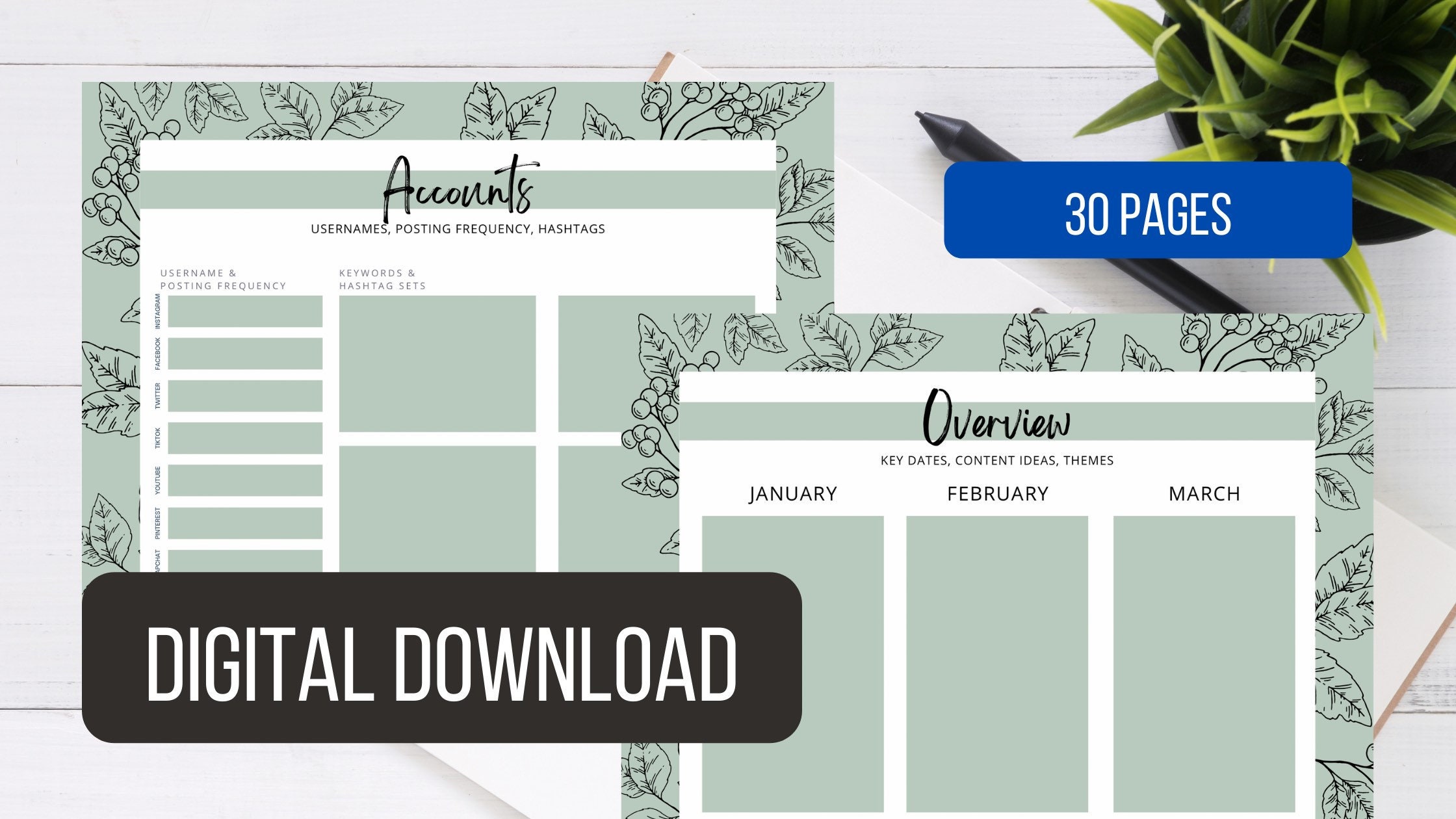 12 Month Undated Content Calendar Pages Undated Landscape Calendar - Etsy