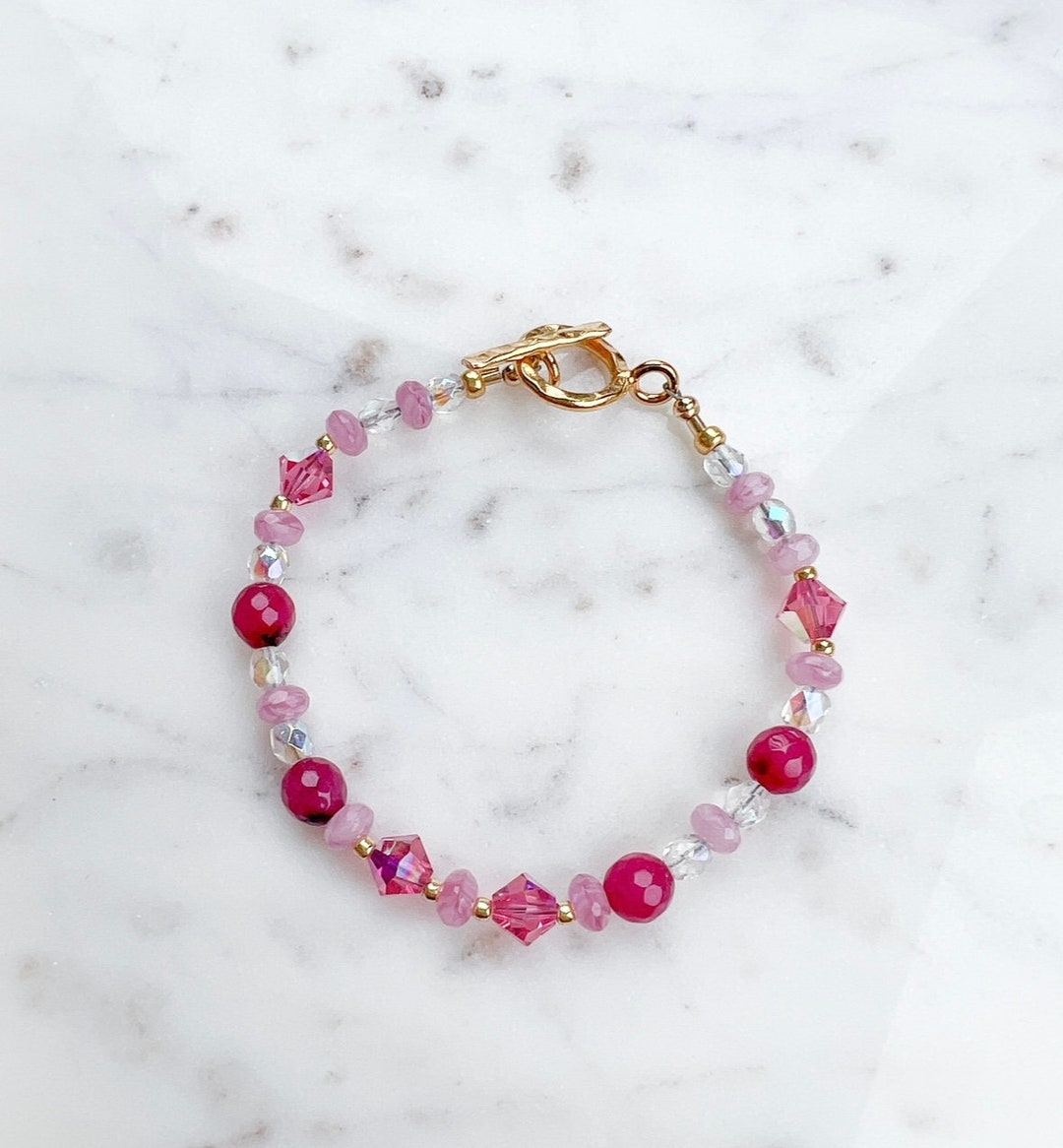 Pink Crystal & Glass Beads Bracelet - Etsy