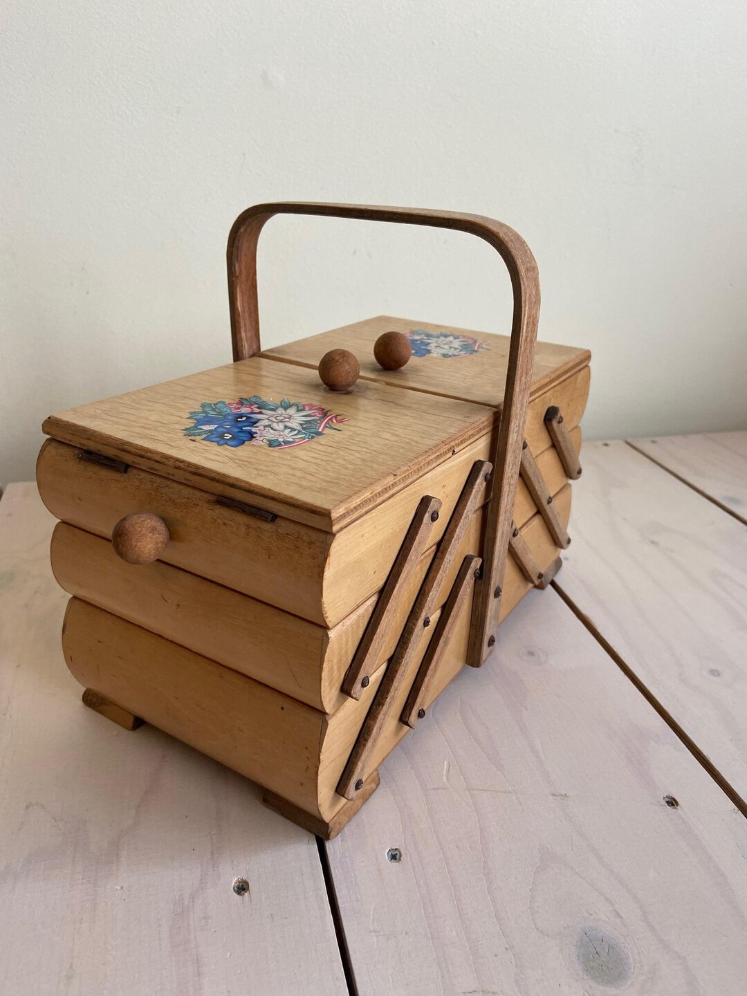Jufhamvintage Vintage Wooden Sewing Box 50s 3 Tier Fold-out Sewing Box ...