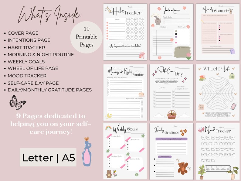 Self Care Workbook Mood Tracker Gratitude Journal Wellness Activity ...