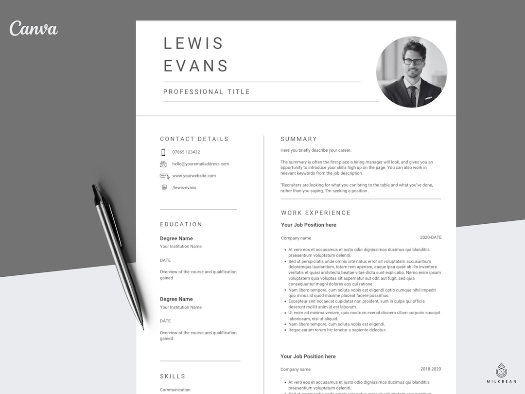 Resume Template, Modern Template With Photo, CV Template Canva, 2 Page ...