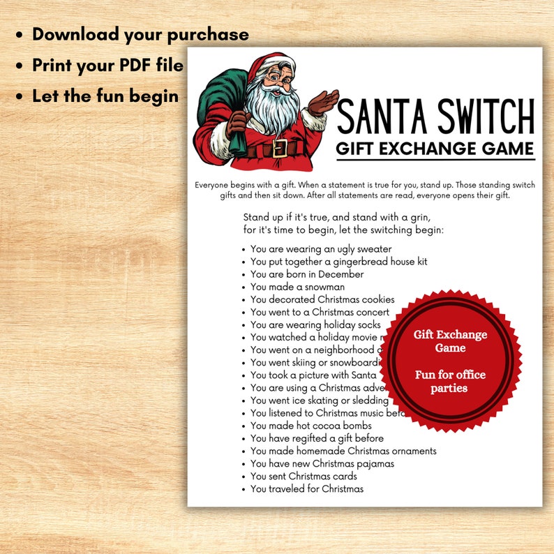 Santa Switch Gift Exchange Game, Christmas Gift Exchange Game, White ...