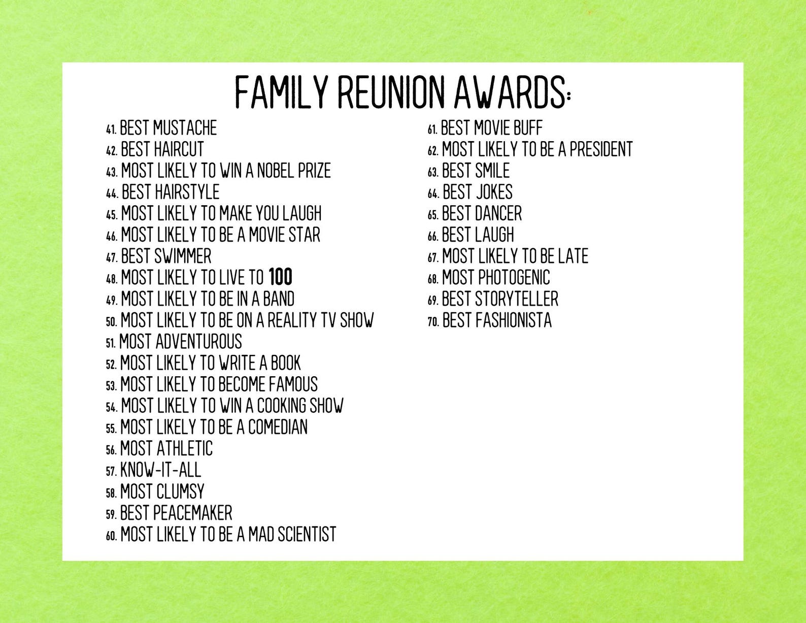 Fun Family Reunion Awards, Family Reunion Award Ideas, Family Reunion ...