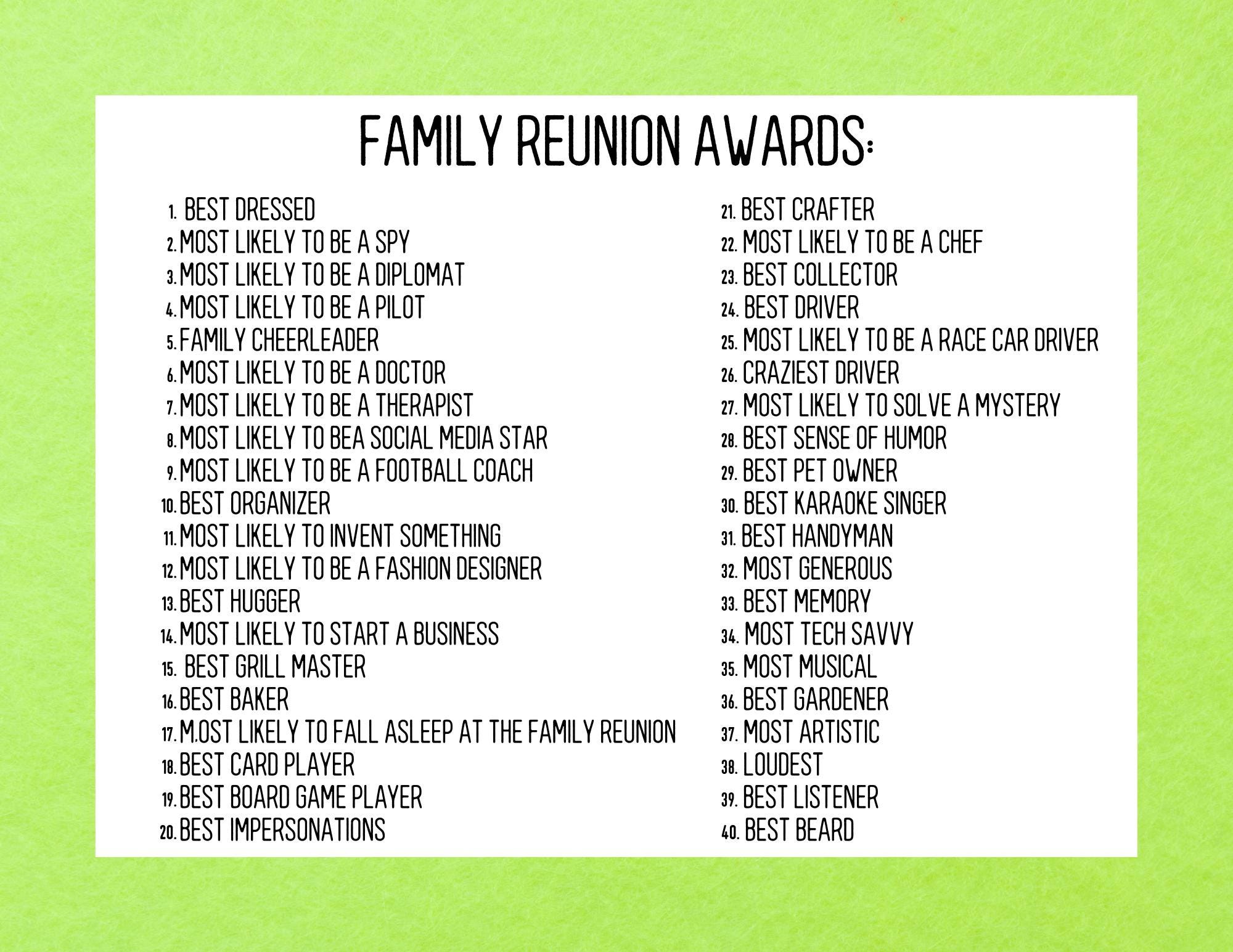 Fun Family Reunion Awards, Family Reunion Award Ideas, Family Reunion ...