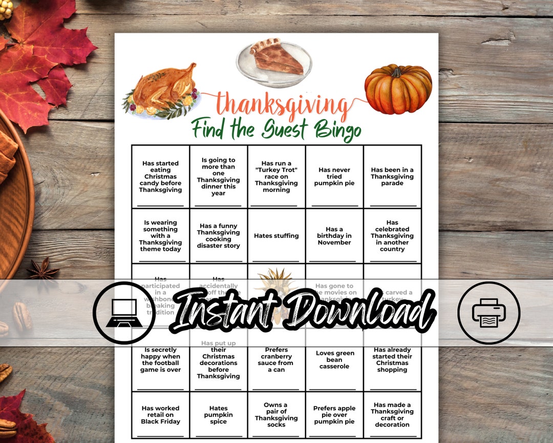 Thanksgiving Bingo, Thanksgiving Find the Guest, Icebreaker Bingo ...