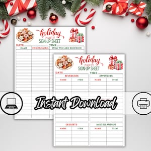 Holiday Party Sign up Sheet, Holiday Potluck Sign up Sheet, Holiday ...