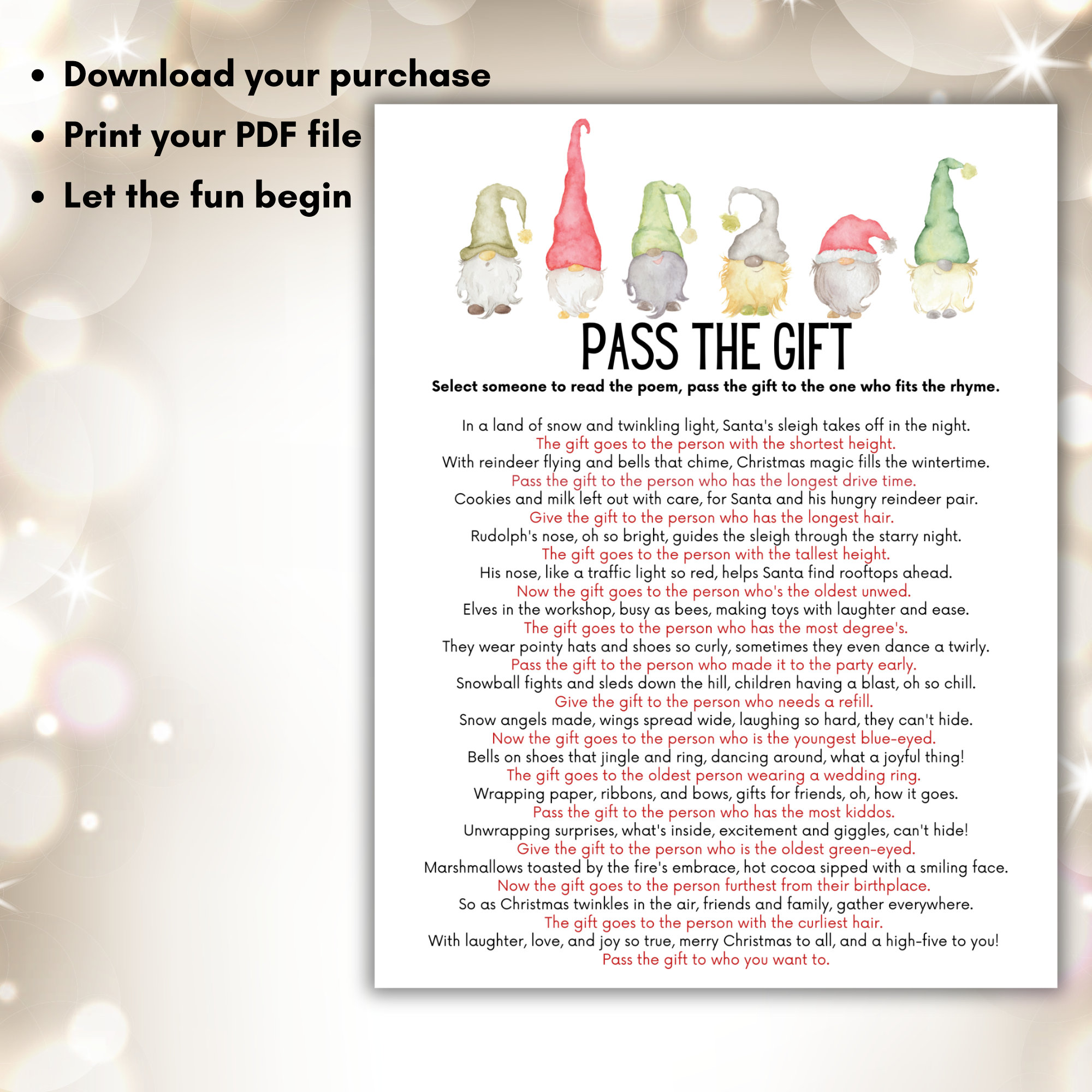 Pass the Gift Game, Gift Exchange Game, Christmas Party Game, White ...