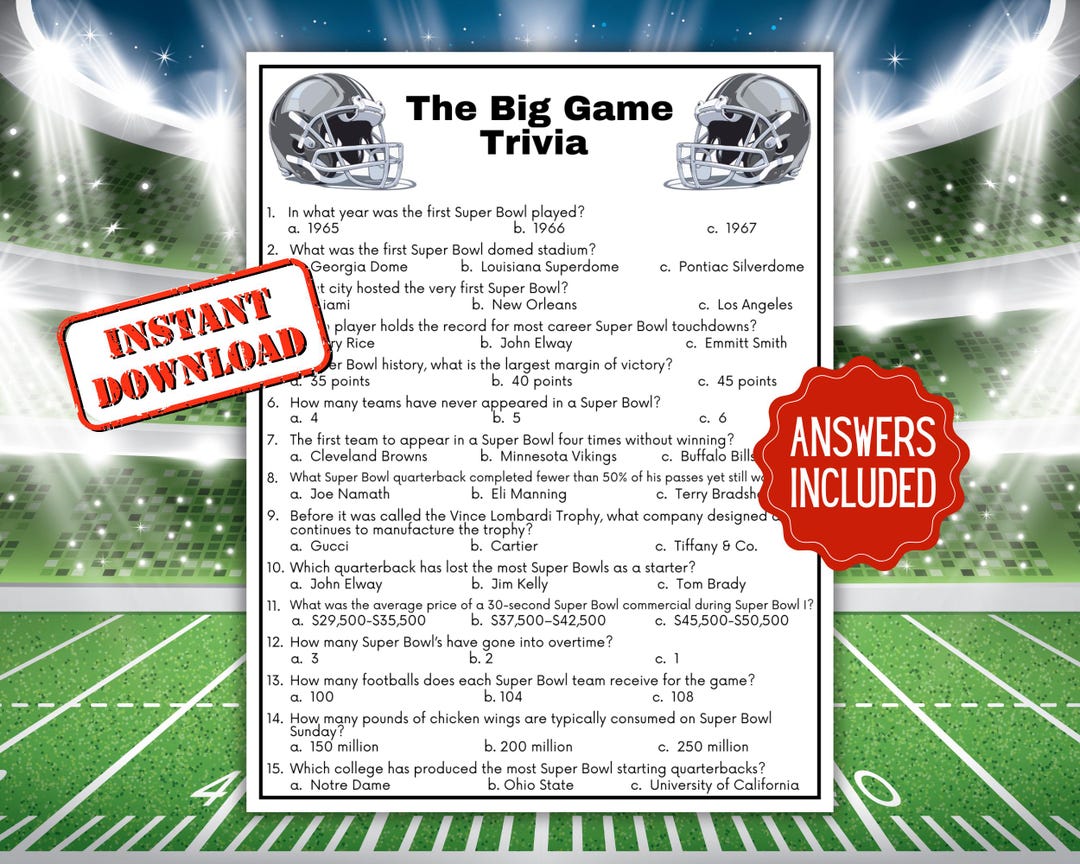 Big Game Trivia Printable | Football Championship Quiz | Football ...