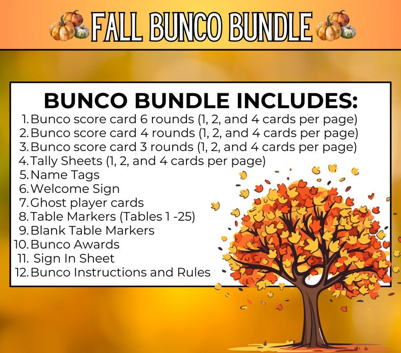 Fall Bunco Game, Autumn Dice Game, Fall Bunco Party, Autumn Bunco Score ...
