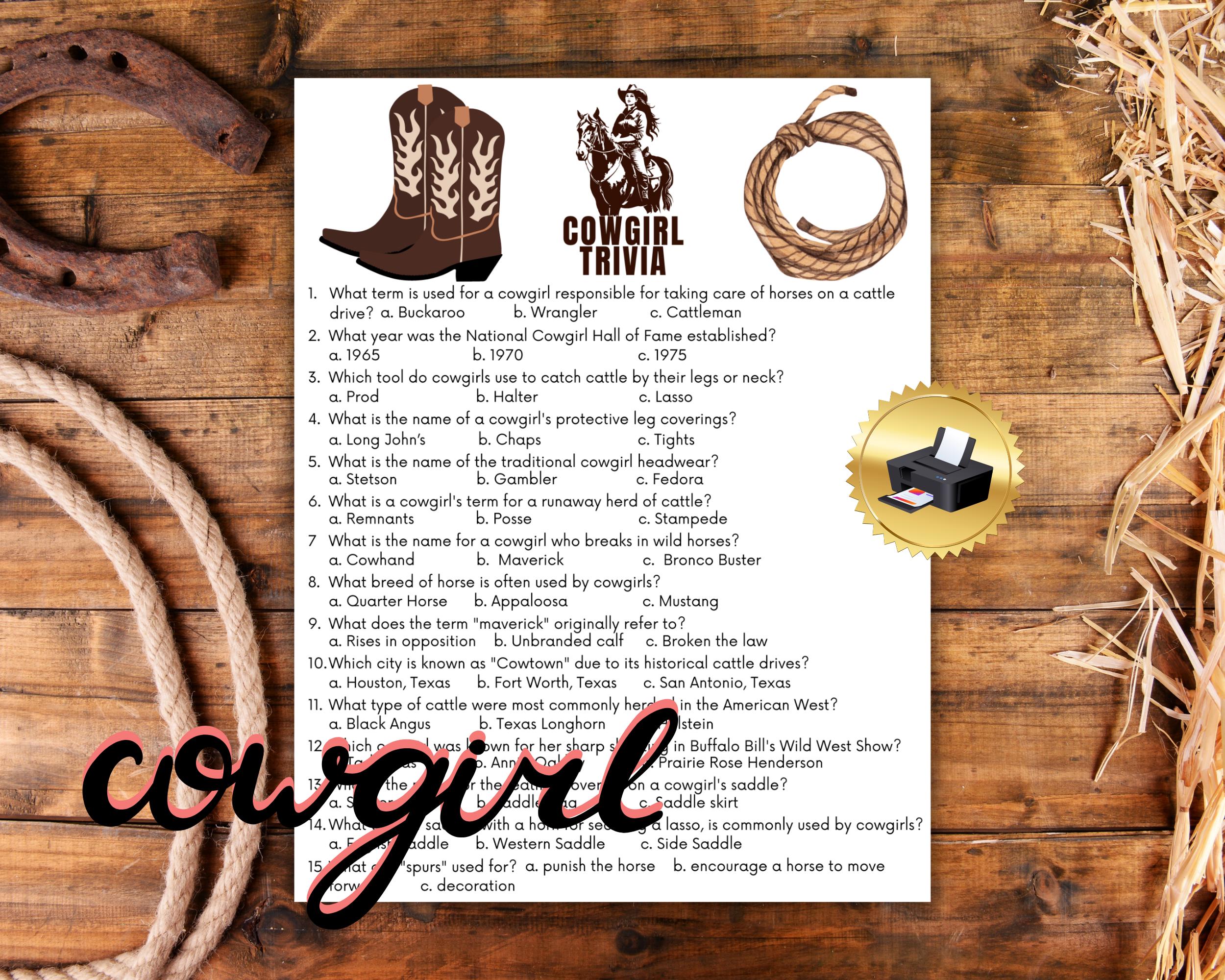 Cowgirl Trivia, Cowgirl Quiz, Cowgirl Facts, Cowgirl Party Game ...