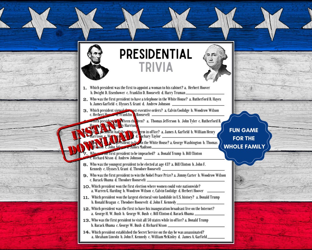 Presidential Trivia Game, President's Day Game, US President Quiz, US ...
