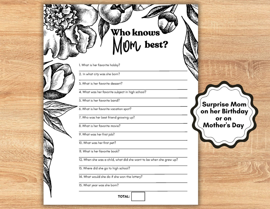 Who Knows Mom Best, Mother's Day Quiz, Mother's Day Game, Mom's ...