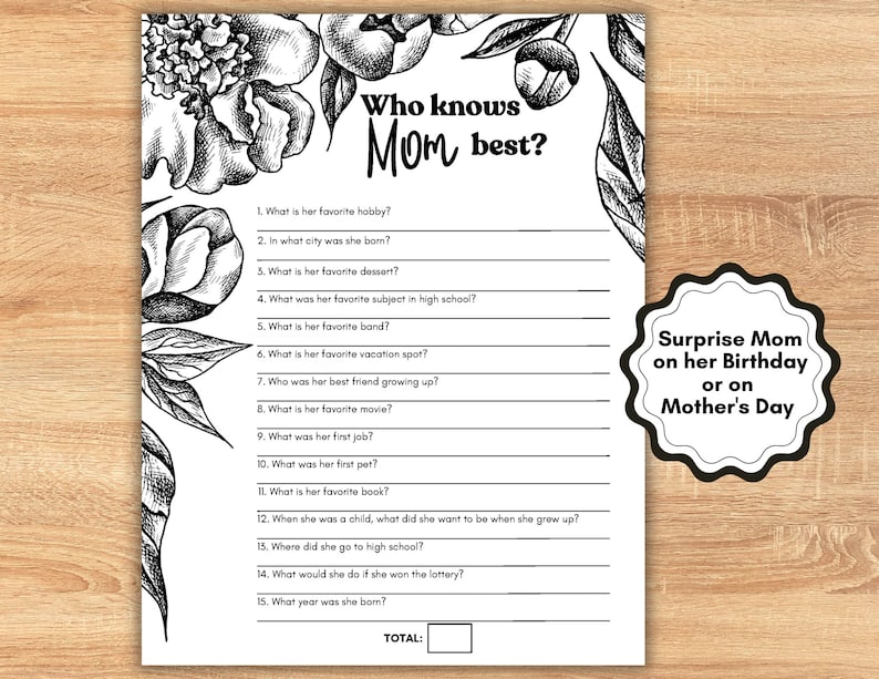 Who Knows Mom Best, Mother's Day Quiz, Mother's Day Game, Mom's ...