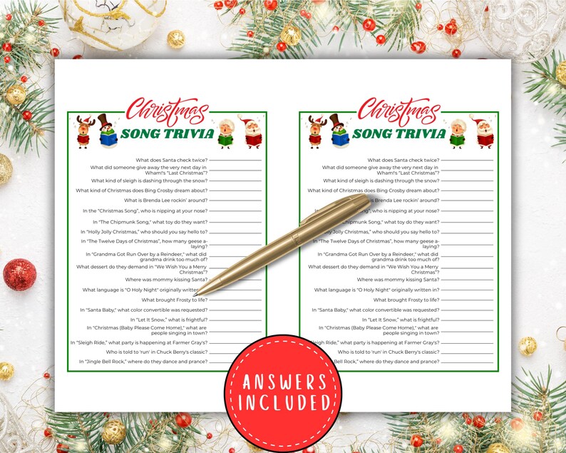 Printable Christmas Song Trivia Game, Christmas Quiz, Christmas Party ...