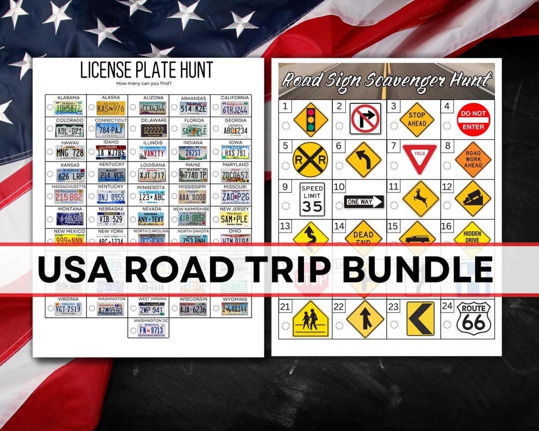 USA Road Trip Games Bundle - License Plate Game - Road Sign Scavenger ...