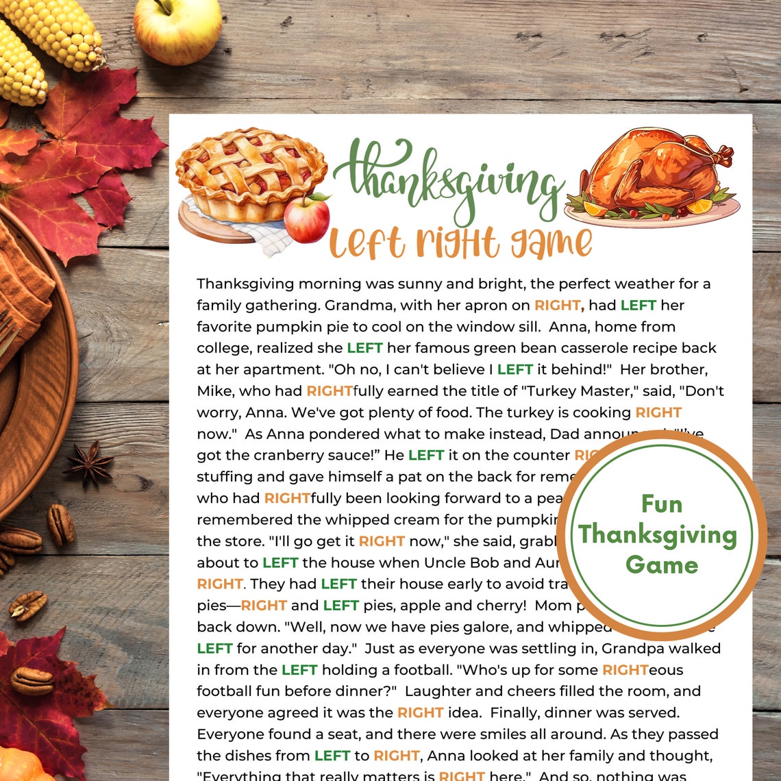 Thanksgiving Left Right Game, Thanksgiving Icebreaker Game ...