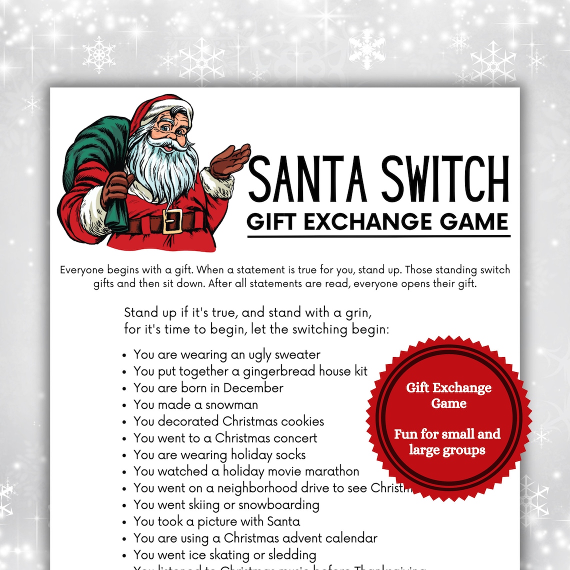 Santa Switch Gift Exchange Game, Christmas Gift Exchange Game, White ...