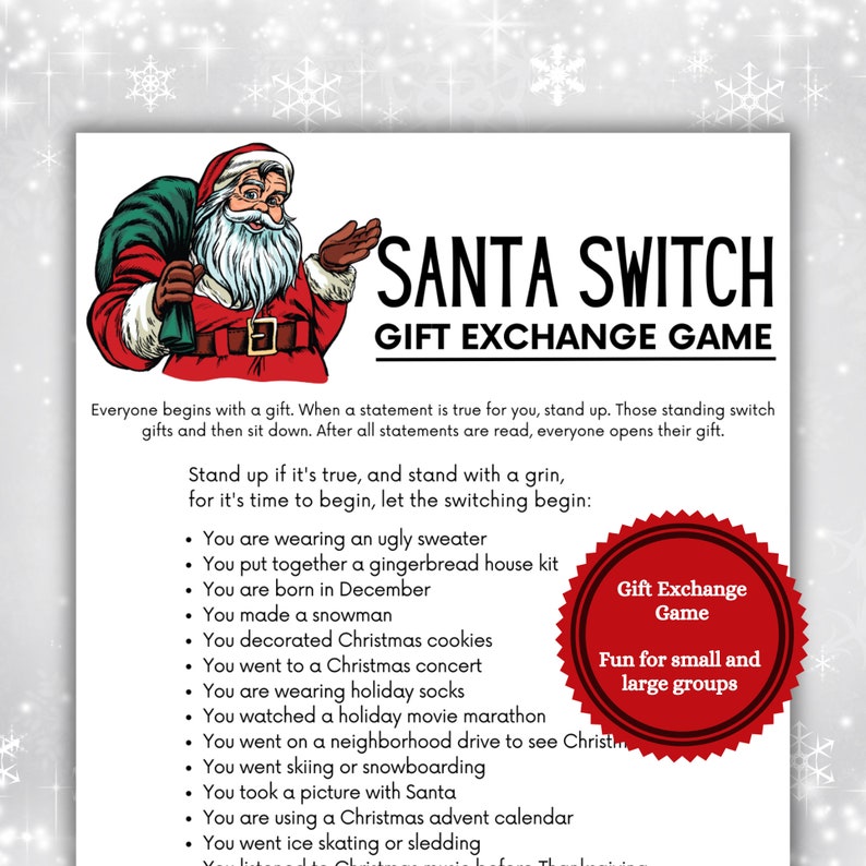 Santa Switch Gift Exchange Game, Christmas Gift Exchange Game, White ...