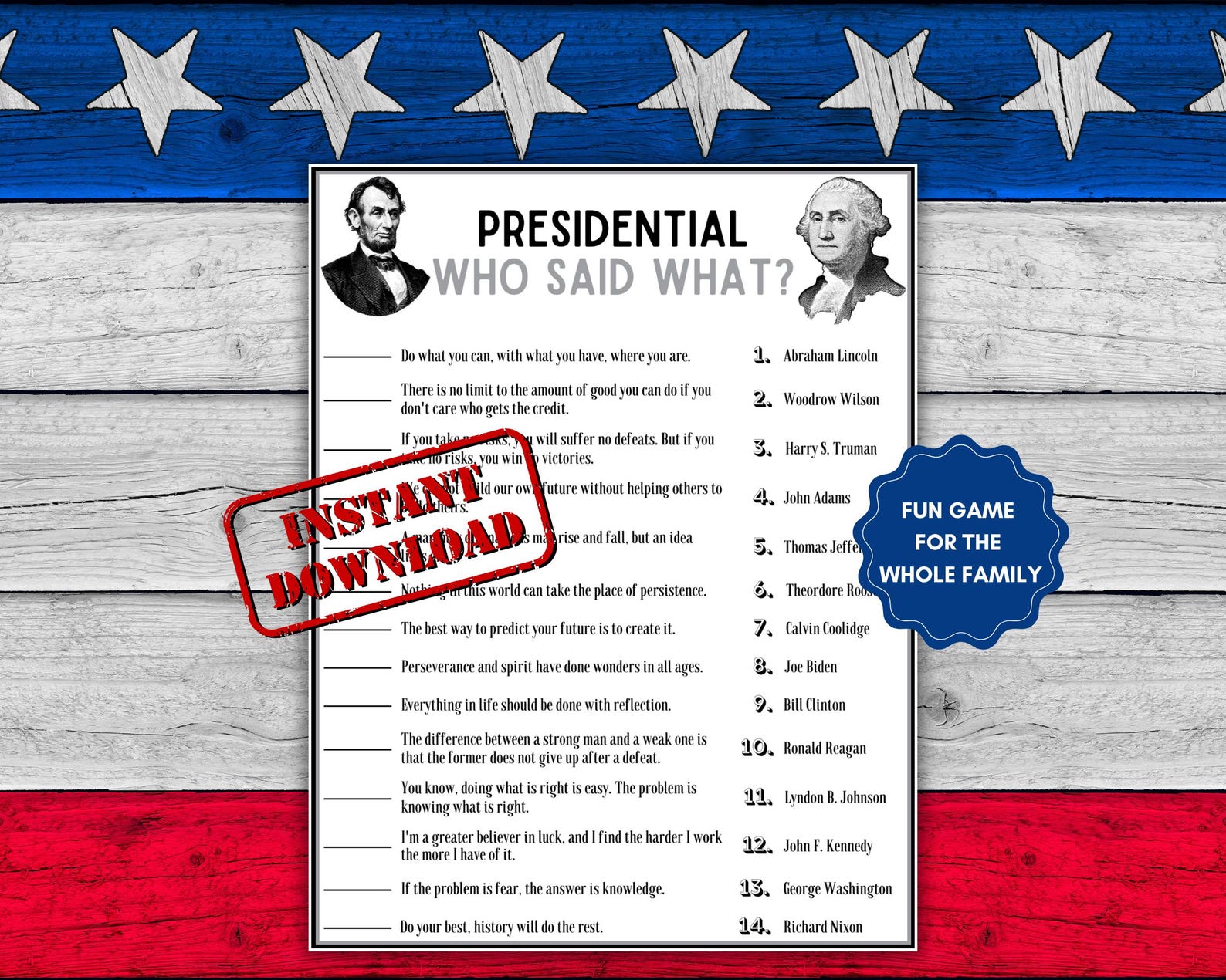 Presidential Trivia Game, Inauguration Game, President's Day Game ...