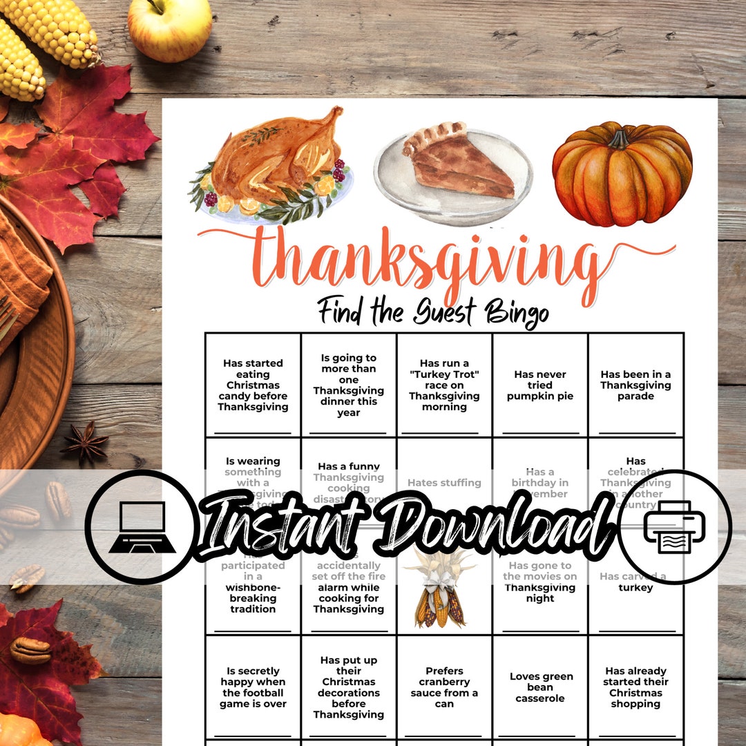 Thanksgiving Bingo, Thanksgiving Find the Guest, Icebreaker Bingo ...