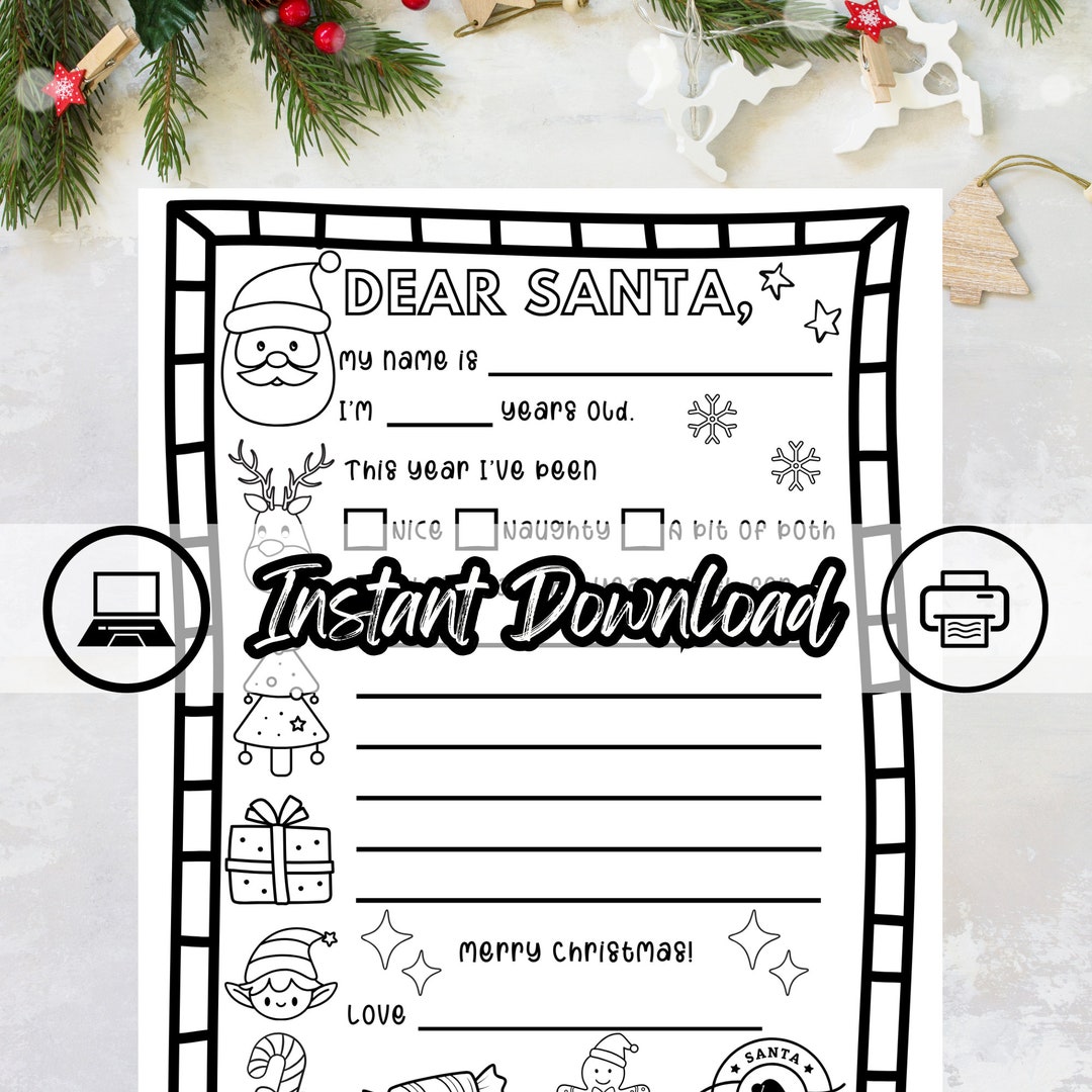 Christmas Letter to Santa Coloring Page, Wish List (digital Download ...