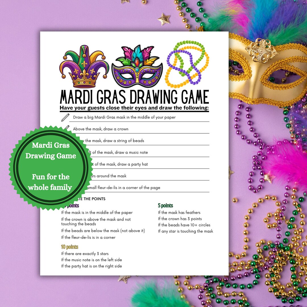 Mardi Gras Drawing Game Printable, Blind Draw Challenge, Fat Tuesday ...