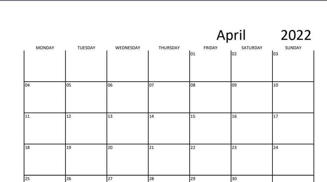 Printable 2022 Monthly Calendar Template - Etsy