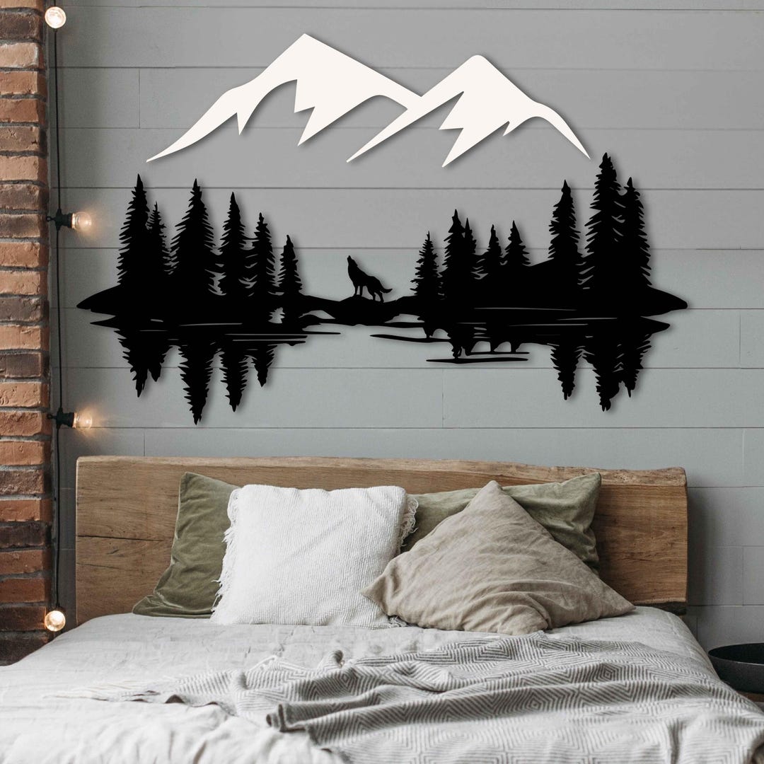 Wolf Howling in Nature Metal Wall Art, Mountains and Pine Trees ...