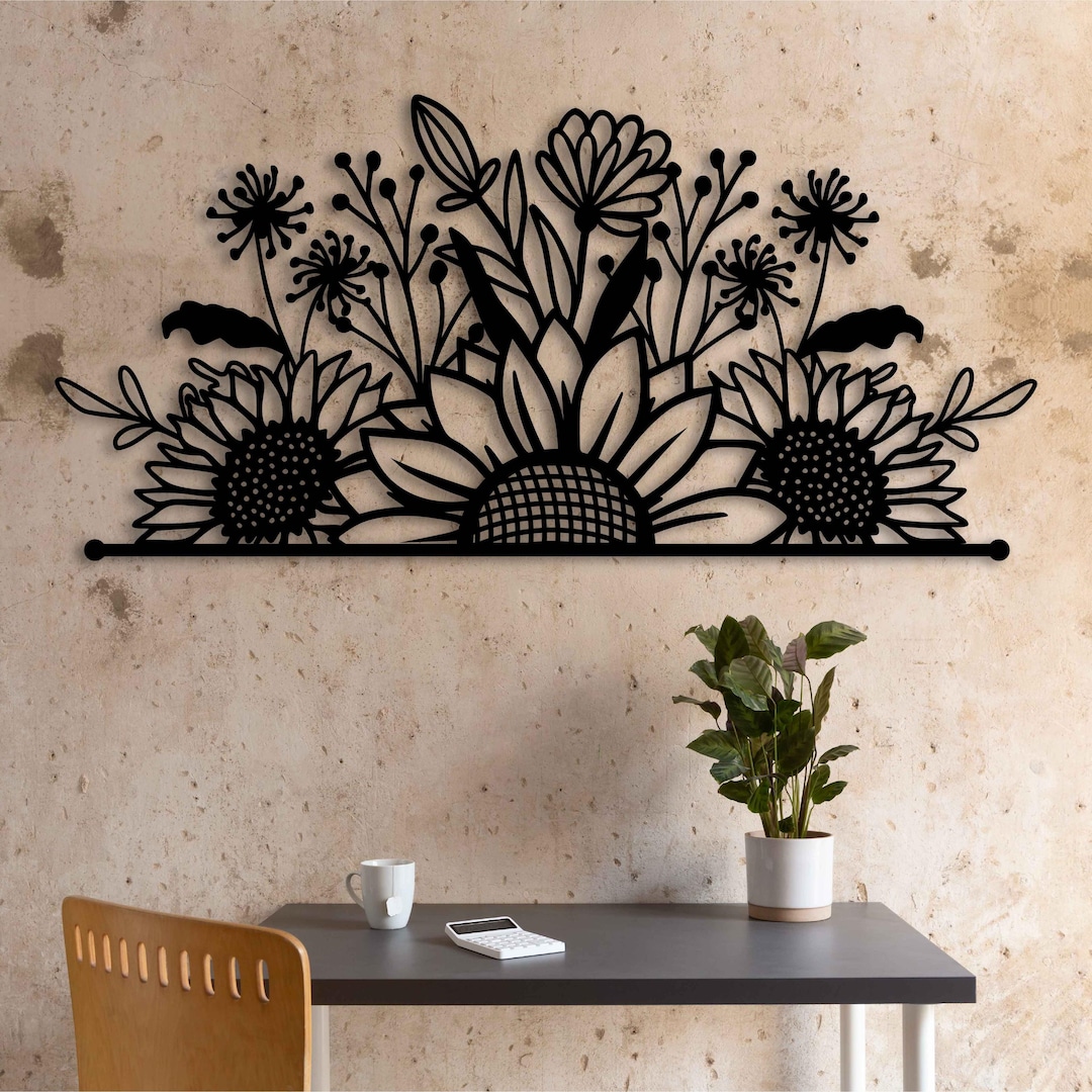 Aesthetic Metal Wall Art Featuring Sunflower, Leaves and Flowers Metal ...