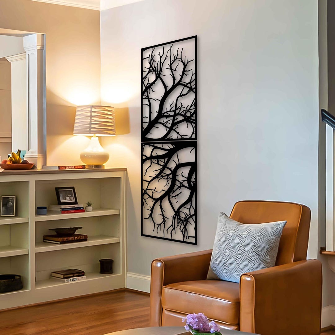 Modern Tree Branch Metal Wall Art, 2 Panel Black Iron Wall Decor ...