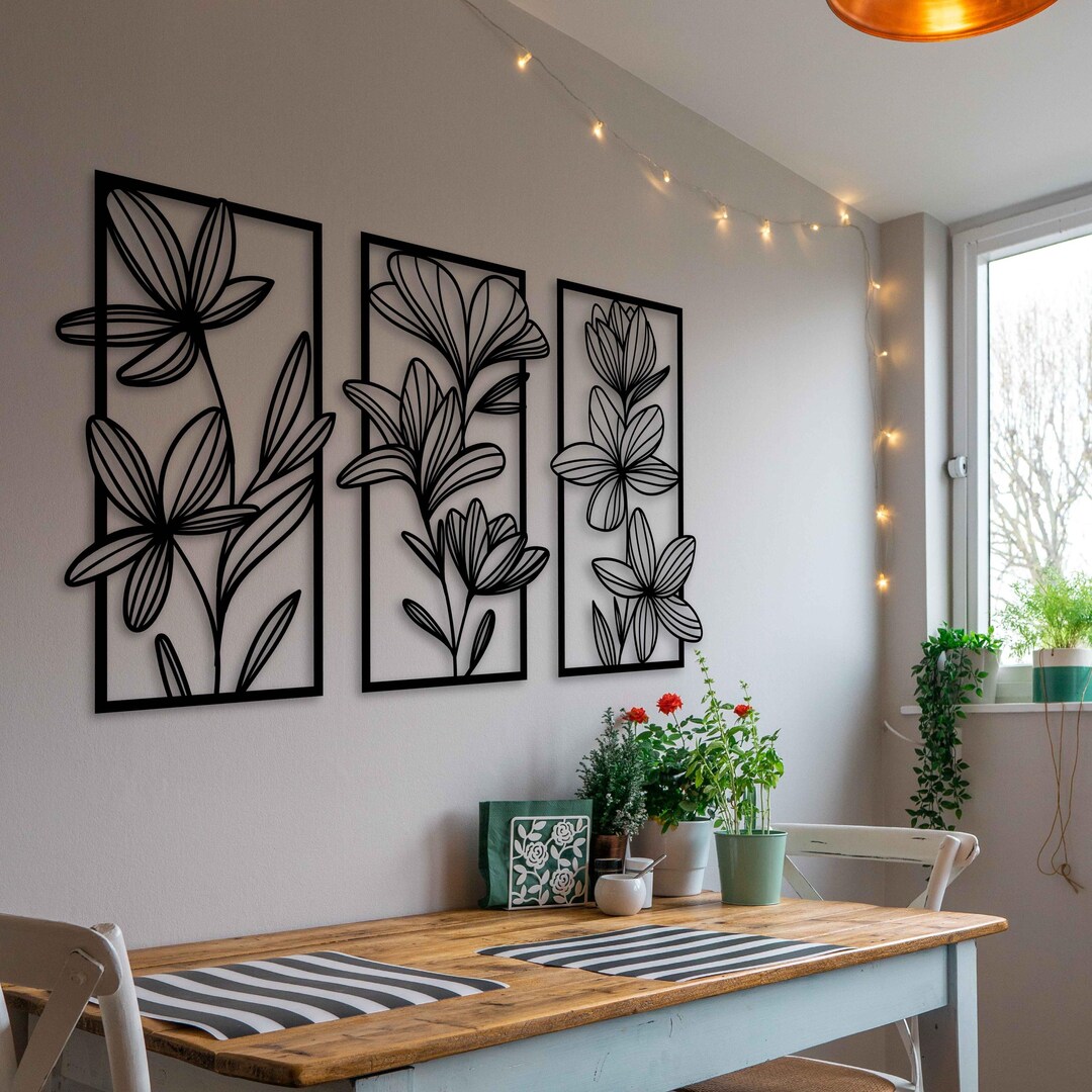 Metal Flower Wall Art Set, 3 Panel Botanical Wall Decor, Modern ...
