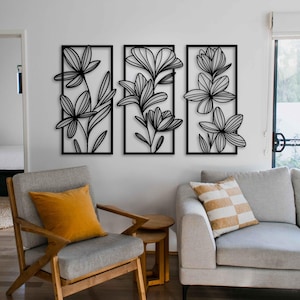 Metal Flower Wall Art Set, 3 Panel Botanical Wall Decor, Modern ...