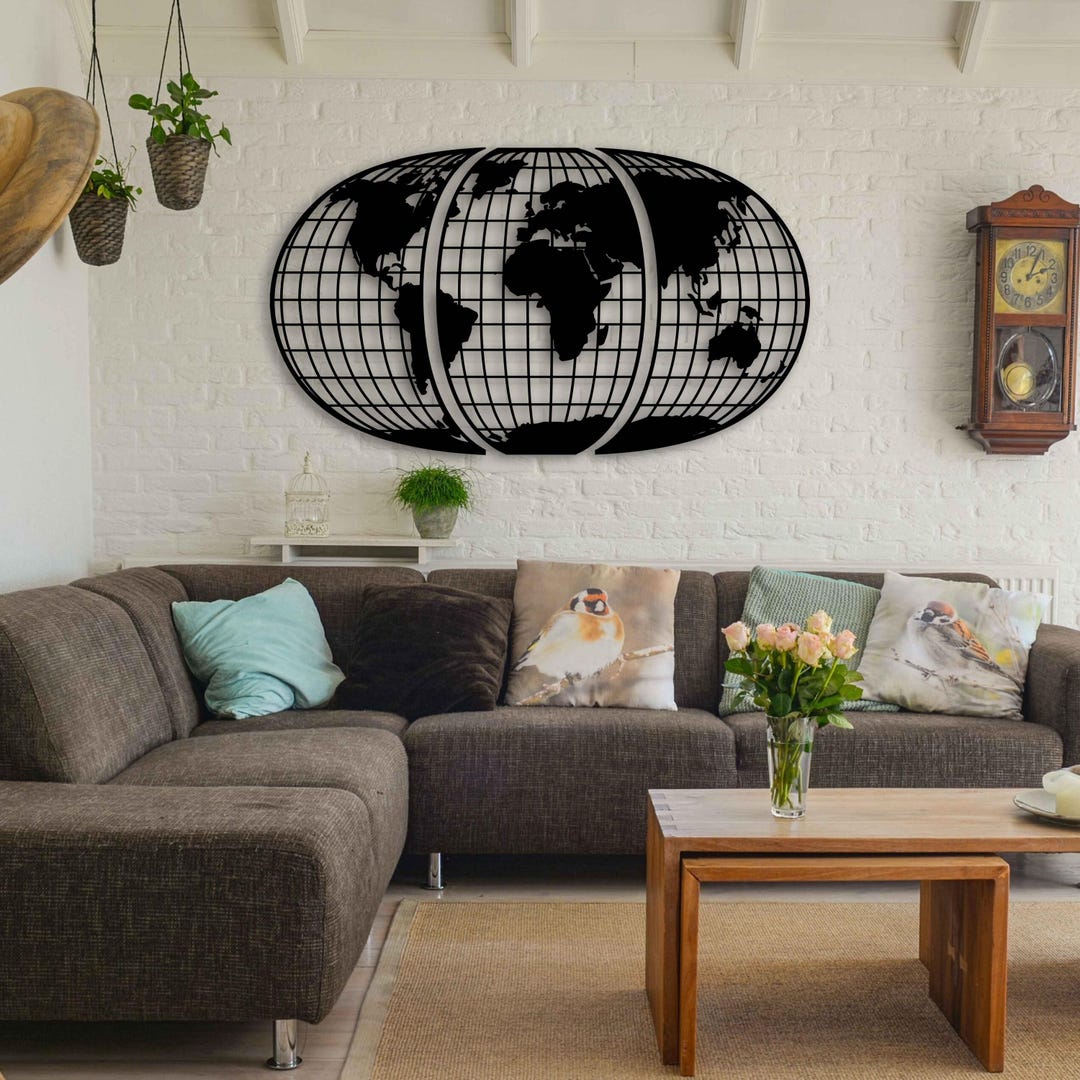 Globe World Map Metal Wall Art, Large Earth Map Art, 3 Piece Round ...
