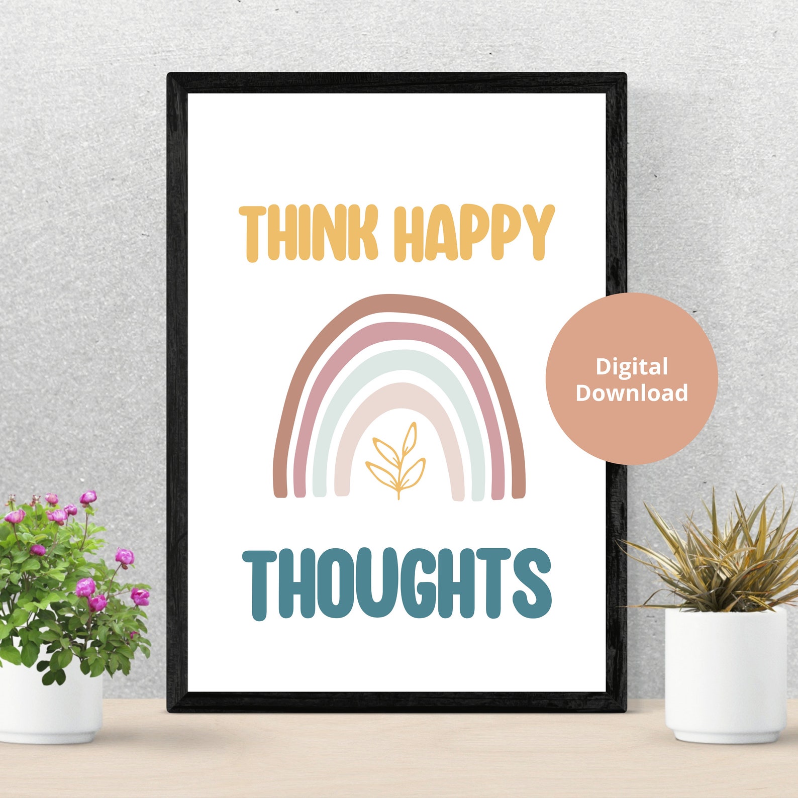 Think Happy Thoughts Boho Motivational Wall Art Decor Prints ...