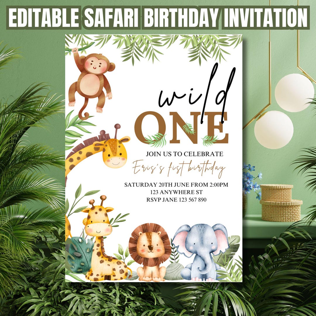 Editable Safari Birthday Invitation Wild One Jungle Invitation Template ...